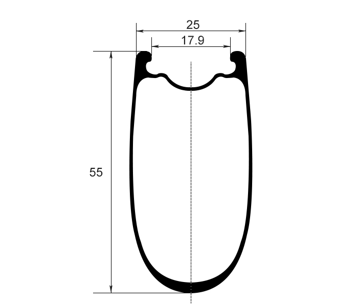 U shape 55mm depth Hand-built 700C carbon 25mm wide clincher road ...
